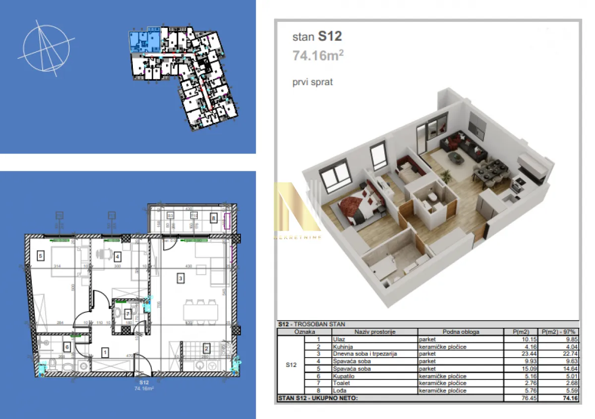 Prodaja, trosoban stan, 74m², Salajka, Novi Sad Sve Podlokacije