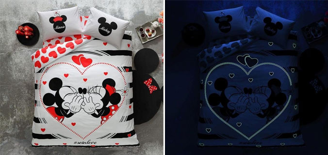 Dupla pamučna posteljina koja sija u mraku Minnie and Mickey Amour