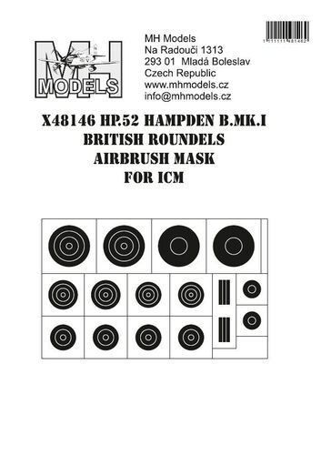 NEW! MH Models X48146 Handley Page Hampden B.Mk.I - British Roundels Airbrush Mask (for ICM Kits)