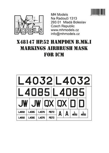 NEW! MH Models X48147 Handley Page Hampden B.Mk.I - Markings Airbrush Mask (for ICM Kits)