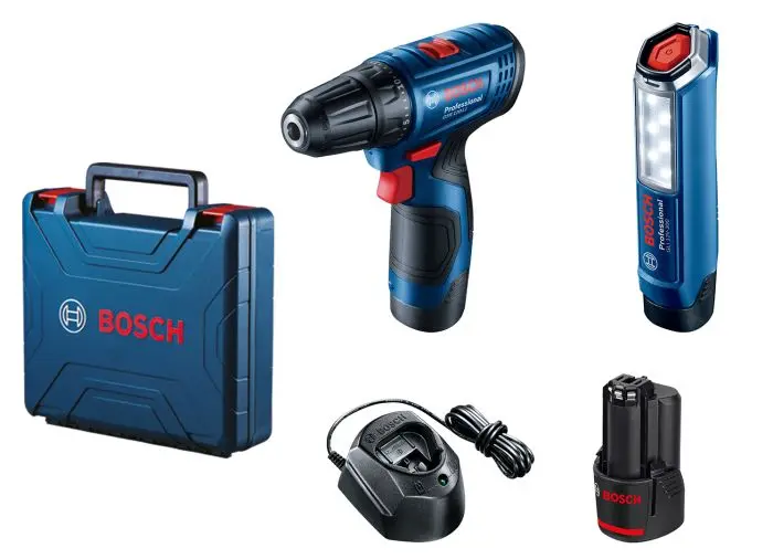 Bosch Akumulatorska bušilica - odvrtač GSR 120-Li, Lampa GLI 12V-300, 2x 2.0Ah, Kofer 06019G8004
