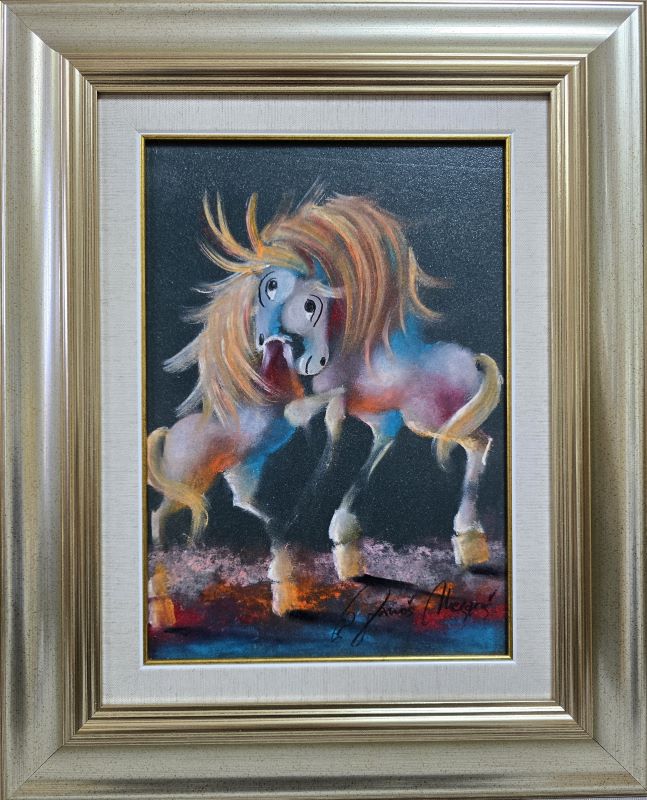 Zaljubljeni IV, Janoš Mesaroš, kombinovana tehnika lak pastel, luksuzno uramljen, sa 53×43 cm, bez 33×23 cm, sertifikat, 35400 dinara