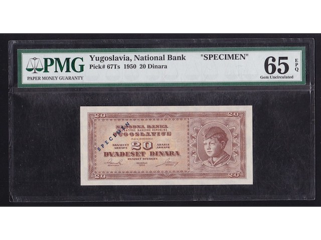 JUGOSLAVIJA --- 20  DINARA  1950 - SPECIMEN - PMG 65 --