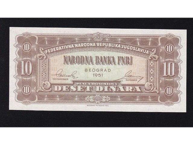 JUGOSLAVIJA --- 10  DINARA  1951 ---- UNC ----