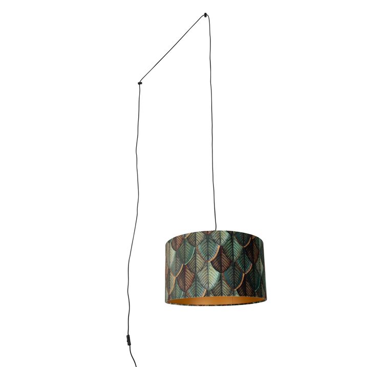 Pendant Lamp Black with Plug and Leaf Shade with Gold Interior 35cm - Cavalux