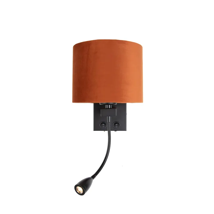 Wandlamp zwart met flexarm en kap oranje met gouden binnenkant 18cm - Brescia Combi