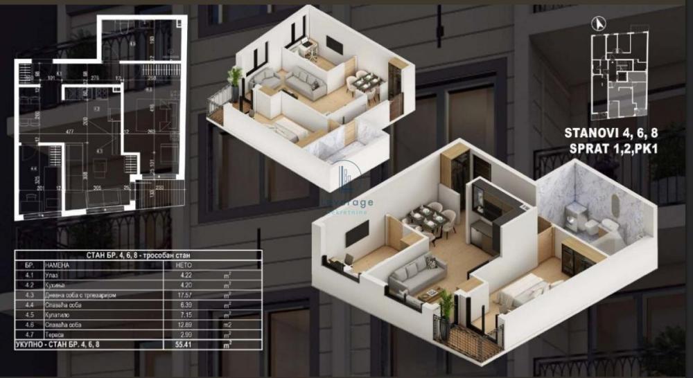 Trosoban stan na prodaju, 55m2, 182.850€