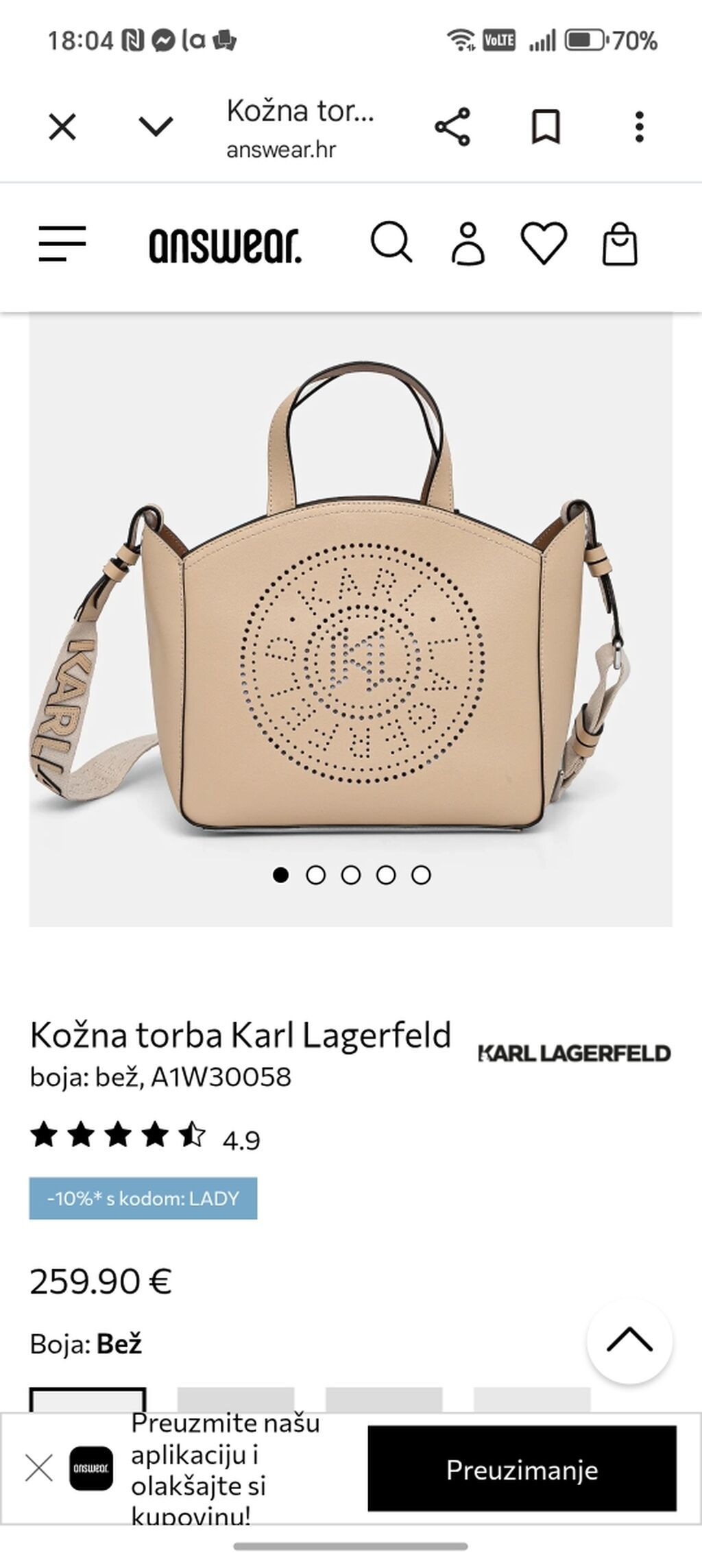 Kožna torba Karl Lagerfeld – model A1W30058 - Materijal: prirodna