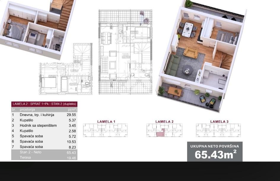 Veternik-troiposoban stan (dupleks) 65m2, završetak maj 2026. god ID#1993
107.950 €