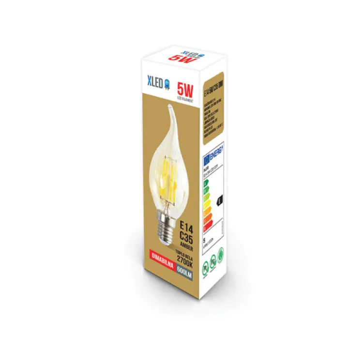 Xled E14 5W C35 Filament Sijalica dimabilna,2700K,220V,600Lm,35*123mm,Ra≥80 PF≥0.5 amber