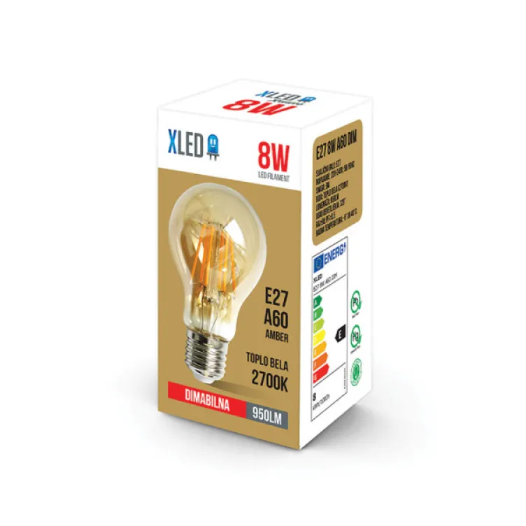 Xled E27 8W A60 Filament Sijalica dimabilna,2700K,220V,950Lm,60*108mm,Ra≥80 PF≥0.5 amber