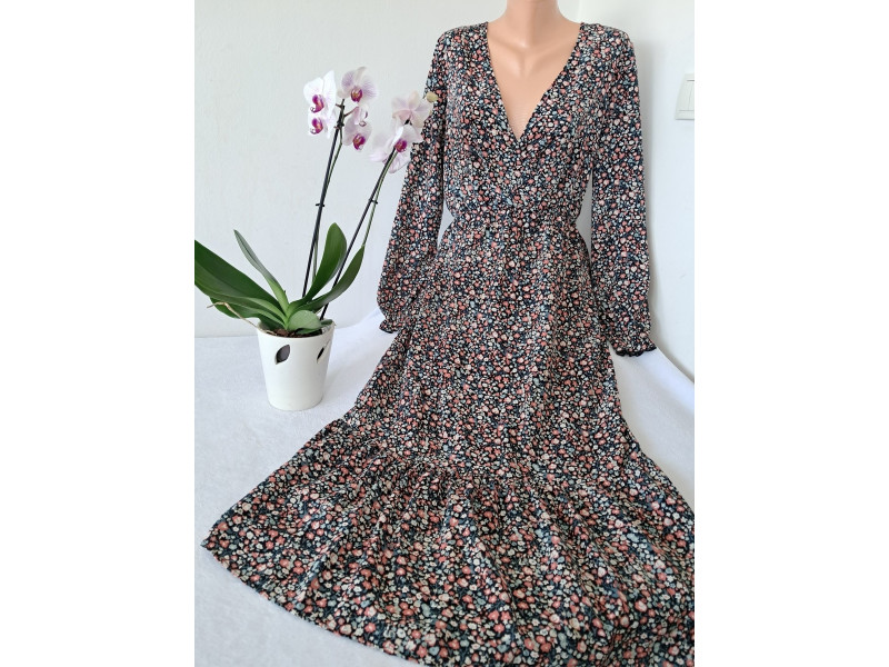 Maxi haljina sitan floral print dugi rukavi vel M