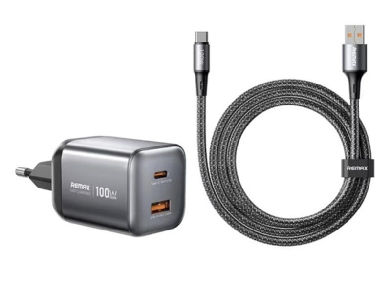 REMAX SET: STRUJNI PUNJAČ WISDOM GAN 1XUSB 3.0+1XUSB-C 100W + USB-C KABL CA-15, CRNI