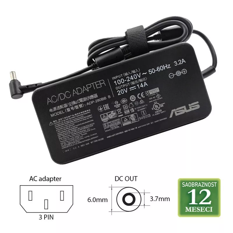ASUS 20V-14A ( 6.0 * 3.7 ) 280W-AS420(round corner) LAPTOP ADAPTER