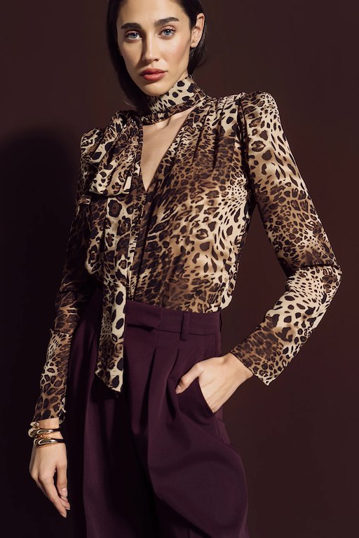 Blouse with long bow detail in leopard print