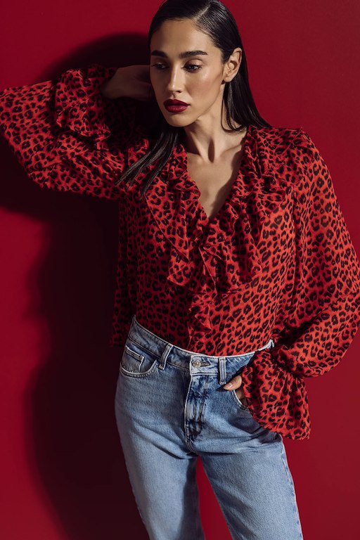 Red animal blouse with ruffles