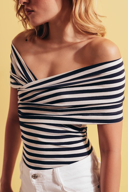 Striped cotton blouse with exposed shoulders