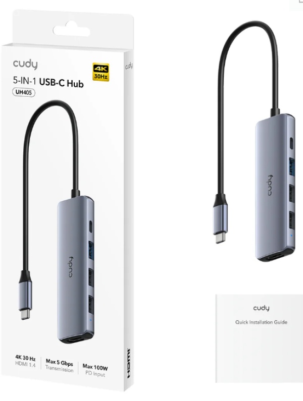 Cudy UH405, 5-In-1 HDMI 4K USB-C Hub 30/60/120 Hz, 5Gps, 100W