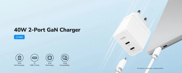 Cudy CH40_EU Brzi punjac za telefone,laptopove I tablete PD+PPS+QC, 2× USB-C , 40W