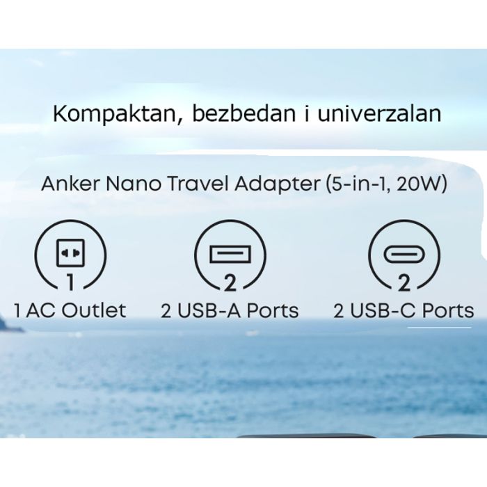 Nano 20W putni zidni punjač 5-portova (2x USB-A, 2x USB-C, utičnica EU na US, UK, AU i EU), crni