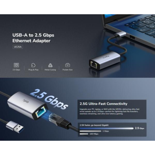 Cudy UE25A, USB-A adapter za Ethernet od 2.5 Gbps , 10/100/1000/2500 Mbps