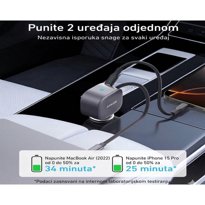 Nano 75W, sa ugrađenim USB-C kablom na izvlačenje i USB-C portom, auto punjač