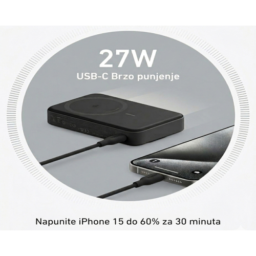MagGo 10000mAh, 27W, bežični power bank, crni