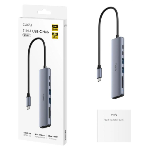Cudy UH407 , 7-In-1 HDMI SD/TF 4K USB-C Hub, 60/144/240 Hz, 5Gps, 100W
