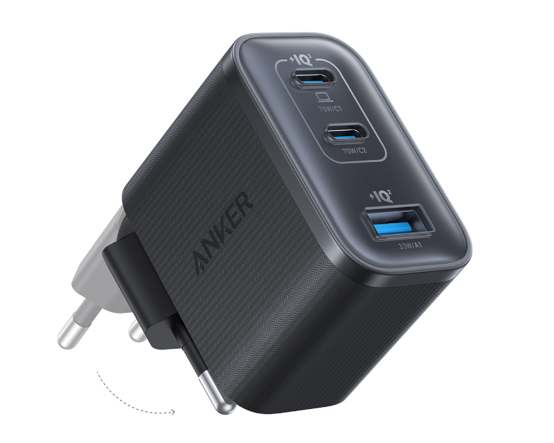 ANKER Prime 70W GaN zidni brzi punjač, 3-porta (2x USB-C i 1x USB-A) crni
