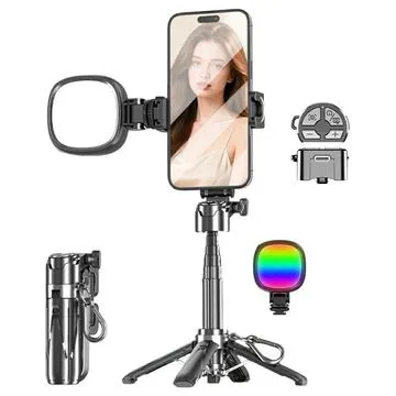 P15-Y MINI SELFIE STICK TRIPOD WITH REMOTE CONTROL AND POCKET FILL LIGHT - BLACK