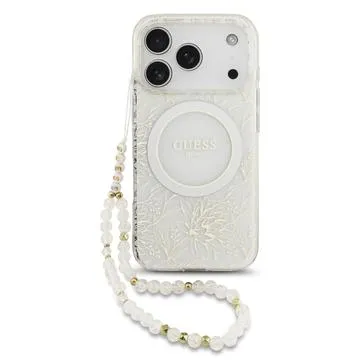 IPHONE 17 PRO GUESS IML FLOWERS ALLOVER ELECTRO CASE WITH PEARL STRAP - MAGSAFE COMPATIBLE