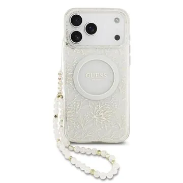 IPHONE 17 PRO MAX GUESS IML FLOWERS ALLOVER ELECTRO CASE WITH PEARL STRAP - MAGSAFE COMPATIBLE - WHITE
