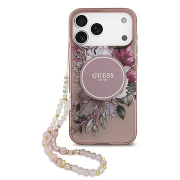 IPHONE 17 PRO MAX GUESS IML FLOWERS CASE WITH PEARL STRAP - PINK
