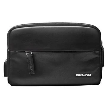 QIALINO TACTICAL LEATHER WAIST BAG WITH USB PORT - BLACK