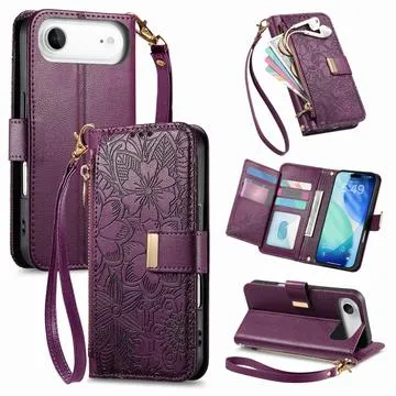 IPHONE AIR FLORAL & LEAF PATTERN WALLET CASE WITH ZIPPER POCKET & WRIST STRAP