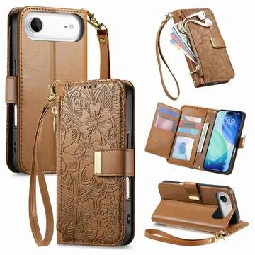 IPHONE AIR FLORAL & LEAF PATTERN WALLET CASE WITH ZIPPER POCKET & WRIST STRAP - BROWN