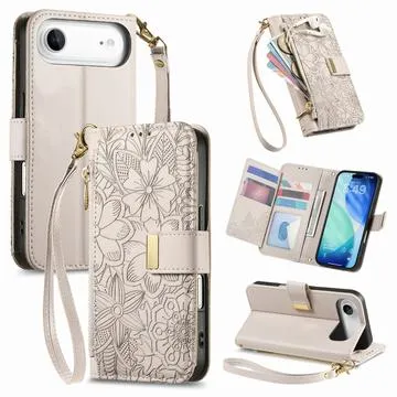IPHONE AIR FLORAL & LEAF PATTERN WALLET CASE WITH ZIPPER POCKET & WRIST STRAP - WHITE