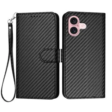 IPHONE 16 PREMIUM WALLET CASE WITH STRAP - CARBON FIBER TEXTURE