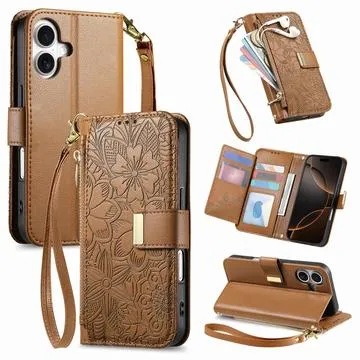 IPHONE 16 FLORAL & LEAF PATTERN WALLET CASE WITH ZIPPER POCKET & WRIST STRAP - BROWN