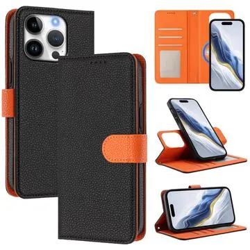 IPHONE 16 PRO DETACHABLE WALLET CASE WITH MAGSAFE, RFID PROTECTION & HAND STRAP - BLACK / ORANGE
