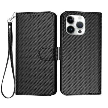 IPHONE 16 PRO MAX PREMIUM WALLET CASE WITH STRAP - CARBON FIBER TEXTURE