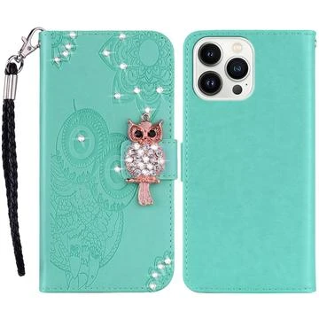 IPHONE 16 PRO MAX OWL RHINESTONE WALLET CASE - CYAN