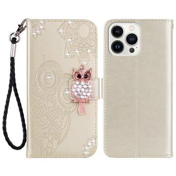 IPHONE 16 PRO MAX OWL RHINESTONE WALLET CASE - GOLD