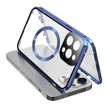DUAL-SIDED TEMPERED GLASS+MAGNETIC METAL FRAME ANTI-DROP CASE FOR IPHONE 15 COMPATIBLE WITH MAGSAFE PHONE COVER WITH BUCKLE LOCK - DARK BLUE