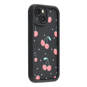 IPHONE 15 PLUS STYLISH SHOCKPROOF TPU CASE WITH RAISED EDGES - BLACK / CHERRIES
