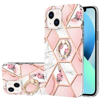 IPHONE 15 PLUS MARBLE PATTERN IMD TPU MASKA SA PRSTENOM - ROZE / BELA