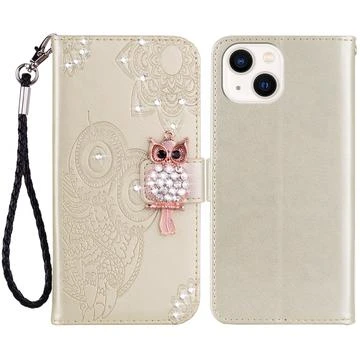 IPHONE 15 PLUS OWL RHINESTONE WALLET CASE - GOLD