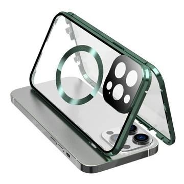 COMPATIBLE WITH MAGSAFE CASE FOR IPHONE 15 PRO MAGNETIC METAL FRAME + DOUBLE-SIDED TEMPERED GLASS PHONE COVER WITH BUCKLE LOCK - GREEN
