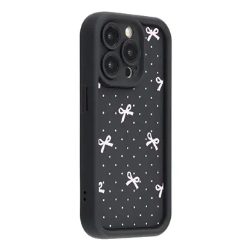 IPHONE 15 PRO MAX STYLISH SHOCKPROOF TPU CASE WITH RAISED EDGES - BLACK / POLKA DOT BOW