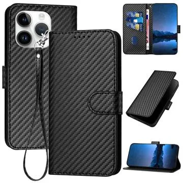 IPHONE 15 PRO MAX PREMIUM WALLET CASE WITH STRAP - CARBON FIBER TEXTURE - CARBON BLACK